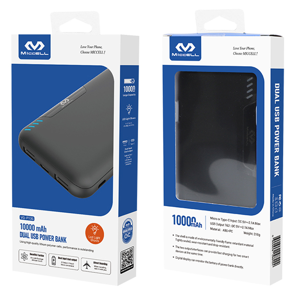 Miccell 10000 mAh Portable Power Bank Black- VQ-P136 - Miccell UAE