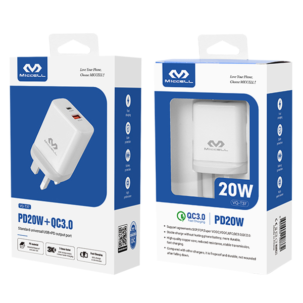 Miccell 2in1 Fast Charger PD20W+QC3.0 White - VQ-T37 - Miccell UAE