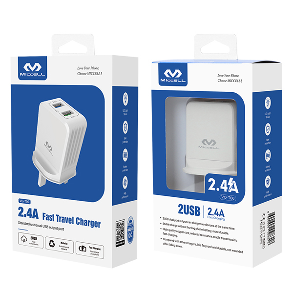 Miccell 5V 2.4A with Dual Port USB Wall Charger 3Pin white - VQ-T06 ...